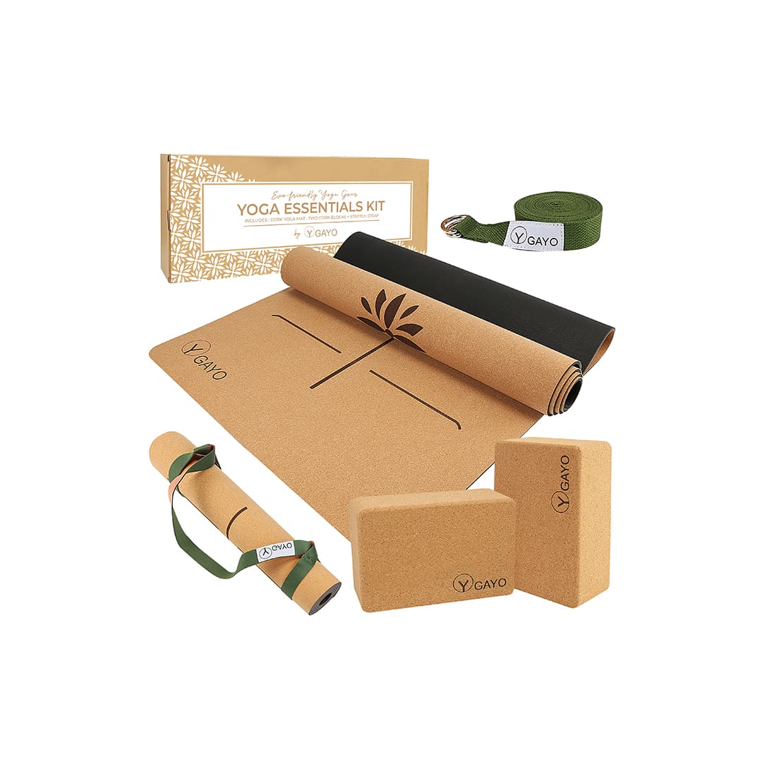Ultimate Cork Yoga Mat Essentials Kit with Blocks, Strap & Carry Strap ...